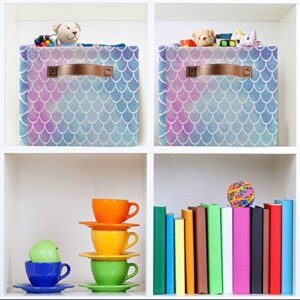 Sea Mermaid Scales Storage Basket Bins Large Fabric Storage Cube Box with Handles Collapsible Closet Shelf Cloth Organizer Basket Decorative 2 Pack for Shelves Kids Nursery Bedroom Bathroom