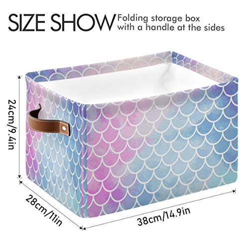 Sea Mermaid Scales Storage Basket Bins Large Fabric Storage Cube Box with Handles Collapsible Closet Shelf Cloth Organizer Basket Decorative 2 Pack for Shelves Kids Nursery Bedroom Bathroom