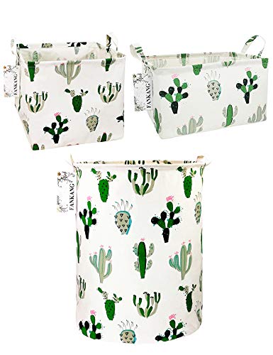 FANKANG Storage Bins Nursery Hamper Canvas Laundry Basket Foldable with Waterproof PE Coating Large Storage Baskets Gift Baskets for Kids Boys and Girls, Office, Bedroom, Clothes,Toys (Cactus)