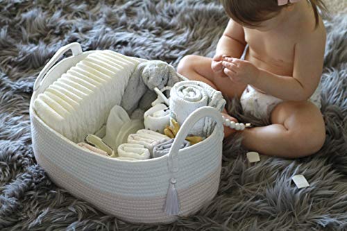 Emmy Baby Co. Rope Diaper Caddy Organizer - Large Nursery Storage Bin - Car Organizer - Baby Shower Basket - with 8 Pockets and Removable Dividers - Pale Blush Pink