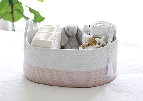 Emmy Baby Co. Rope Diaper Caddy Organizer - Large Nursery Storage Bin - Car Organizer - Baby Shower Basket - with 8 Pockets and Removable Dividers - Pale Blush Pink