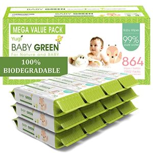 yugi baby green wipes unscented compostable biodegradable and organic– value pack (12 packs of 72) 864 for sensitive skin