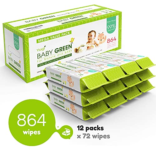 Yugi Baby Green Wipes Unscented Compostable Biodegradable and Organic– Value Pack (12 Packs of 72) 864 for Sensitive Skin