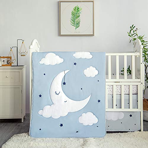 La Premura Sleeping Moon Baby Nursery Crib Bedding Set, 3 Piece Standard Size Crib Bedding Set, Blue and Grey