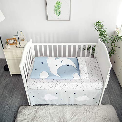 La Premura Sleeping Moon Baby Nursery Crib Bedding Set, 3 Piece Standard Size Crib Bedding Set, Blue and Grey