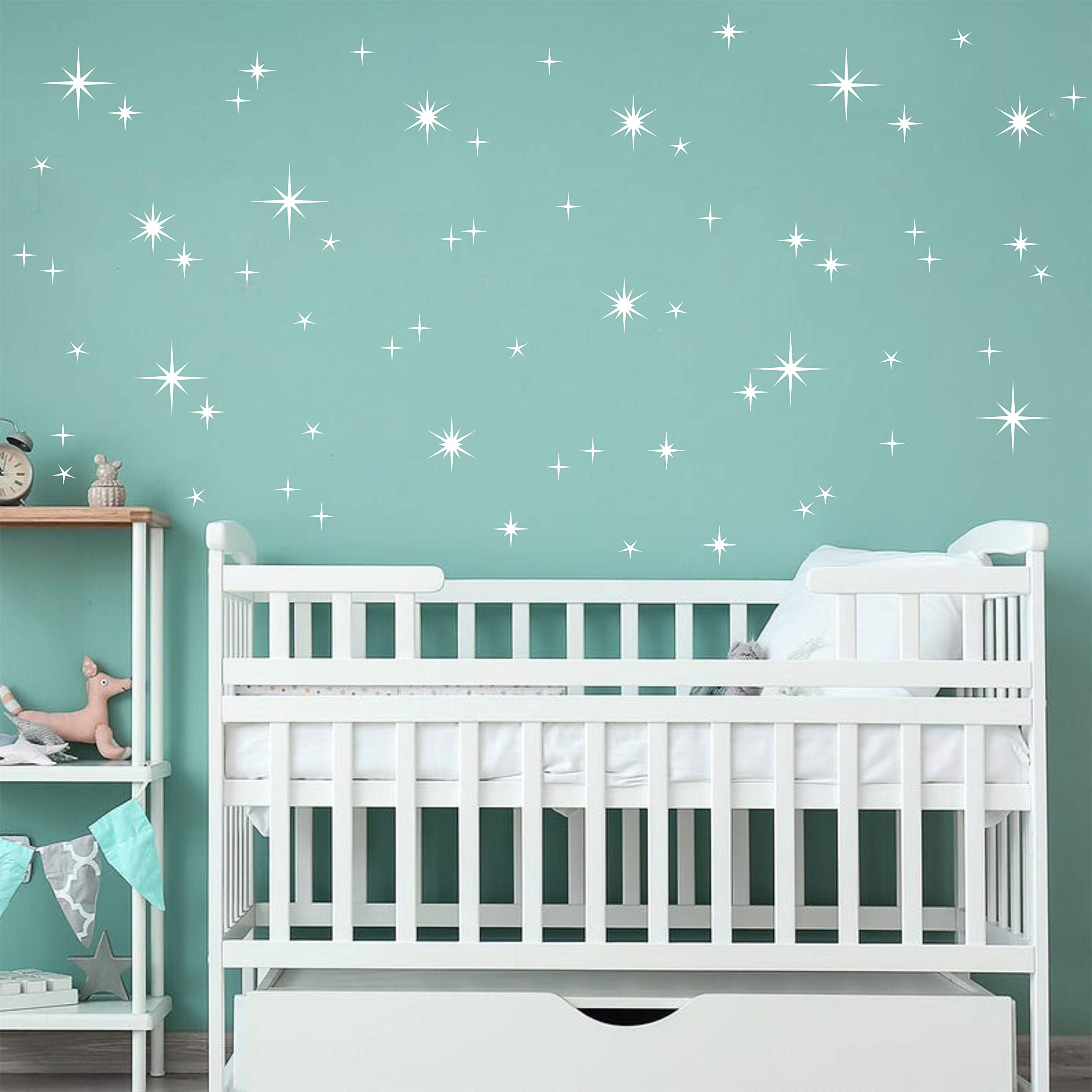 108 Pieces Sparkly Starburst Vinyl Wall Decal Starry Sky Baby Nursery Wall Stickers Stars Kids Home Room Wall Decor DDK13 (White)