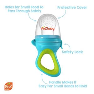 RaZbaby Baby Solids/Frozen Fruit Feeder Pacifier, Infant Teether Toy 6M+, BPA-Free Silicone Pouch & Nipple, Safely Introduce Solids, Teething Relief, Dishwasher Safe, 2-Pack – Orange/Blue + Green/Blue