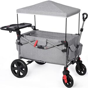 ever advanced foldable wagons for two kids & cargo, collapsible folding stroller with adjustable handle bar,removable canopy with 5-point harness gray