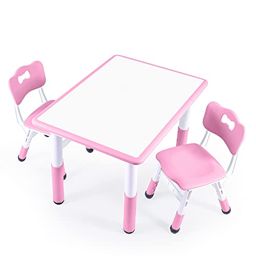 Kids Study Table and Chair Set with 2 Seats Height Adjustable Children’s Painting Drawing Desk Easy to Clean Assemble Max Load-Bearing 330lb Plastic Toddler Table and Chair Set for School Home Pink