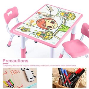 Kids Study Table and Chair Set with 2 Seats Height Adjustable Children’s Painting Drawing Desk Easy to Clean Assemble Max Load-Bearing 330lb Plastic Toddler Table and Chair Set for School Home Pink