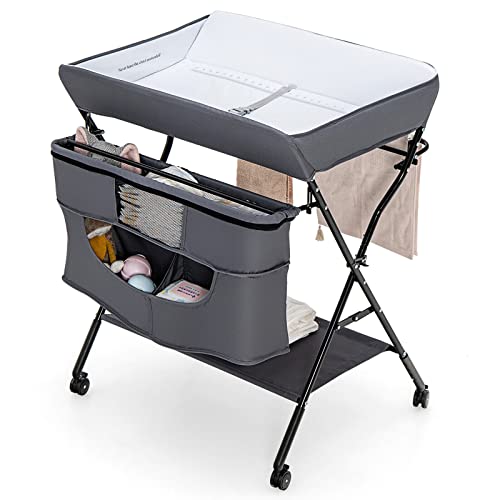 Costzon Baby Changing Table, Adjustable Height Portable Diaper Station w/Lockable Wheels, Safety Belt, Large Storage Rack & Bag, Folding Nursery Station for Infant Newborn (Grey)