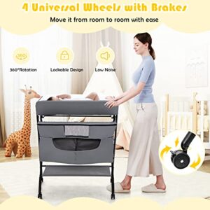 Costzon Baby Changing Table, Adjustable Height Portable Diaper Station w/Lockable Wheels, Safety Belt, Large Storage Rack & Bag, Folding Nursery Station for Infant Newborn (Grey)