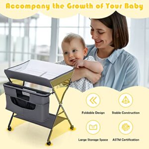 Costzon Baby Changing Table, Adjustable Height Portable Diaper Station w/Lockable Wheels, Safety Belt, Large Storage Rack & Bag, Folding Nursery Station for Infant Newborn (Grey)