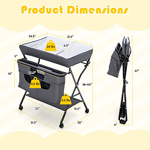 Costzon Baby Changing Table, Adjustable Height Portable Diaper Station w/Lockable Wheels, Safety Belt, Large Storage Rack & Bag, Folding Nursery Station for Infant Newborn (Grey)