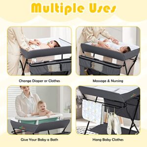 Costzon Baby Changing Table, Adjustable Height Portable Diaper Station w/Lockable Wheels, Safety Belt, Large Storage Rack & Bag, Folding Nursery Station for Infant Newborn (Grey)