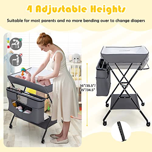 Costzon Baby Changing Table, Adjustable Height Portable Diaper Station w/Lockable Wheels, Safety Belt, Large Storage Rack & Bag, Folding Nursery Station for Infant Newborn (Grey)