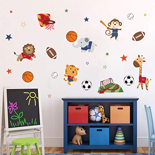 decalmile Sports Animals Wall Decals Monkey Elephant Giraffe Wall Stickers Baby Nursery Boys Bedroom Playroom Wall Decor