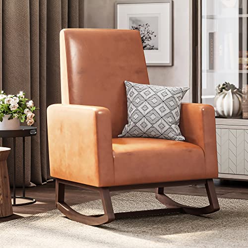 BELLEZE Modern Rocking Chair, Faux Leather Nursery Glider Rocker with Comfortable Padded Seat Solid Wood Base, Upholstery Arm Chair for Living Room Bedroom Baby Room - Felix (Caramel)