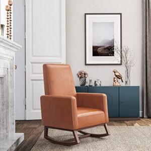 BELLEZE Modern Rocking Chair, Faux Leather Nursery Glider Rocker with Comfortable Padded Seat Solid Wood Base, Upholstery Arm Chair for Living Room Bedroom Baby Room - Felix (Caramel)