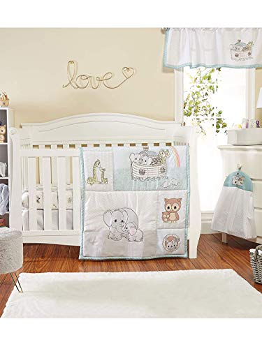 EVERYDAY KIDS Precious Moments Noah’s Ark 4 Pc Crib Bedding for Boys Nursery Set Includes Baby Bed Quilt, Fitted Sheet, Dust Ruffle and Diaper Stacker with Sweet Images of Elephants and Giraffes