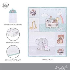 EVERYDAY KIDS Precious Moments Noah’s Ark 4 Pc Crib Bedding for Boys Nursery Set Includes Baby Bed Quilt, Fitted Sheet, Dust Ruffle and Diaper Stacker with Sweet Images of Elephants and Giraffes