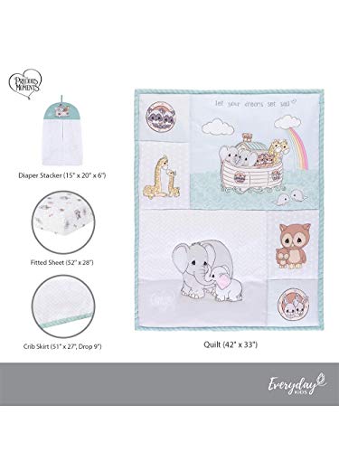 EVERYDAY KIDS Precious Moments Noah’s Ark 4 Pc Crib Bedding for Boys Nursery Set Includes Baby Bed Quilt, Fitted Sheet, Dust Ruffle and Diaper Stacker with Sweet Images of Elephants and Giraffes