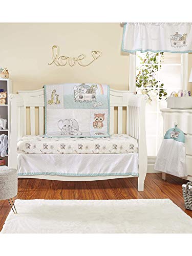 EVERYDAY KIDS Precious Moments Noah’s Ark 4 Pc Crib Bedding for Boys Nursery Set Includes Baby Bed Quilt, Fitted Sheet, Dust Ruffle and Diaper Stacker with Sweet Images of Elephants and Giraffes