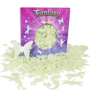 fantasy glow stars, 200-count glow in the dark stars for girls with bonus hearts, moon, unicorns, dragonflies, sea horses, butterflies, rainbow clouds, princesses and mermaids