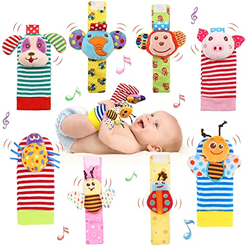 8 PCS Baby Rattle Toy Set, Wrist Rattles Foot Finder Rattle Sock, Arm Hand Bracelet Rattle, Feet Leg Ankle Socks,Present Gift for Newborn Infant Babies Boy Girl (8 pcs-A)