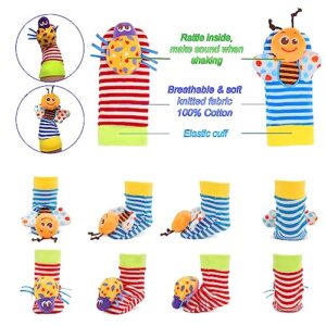 8 PCS Baby Rattle Toy Set, Wrist Rattles Foot Finder Rattle Sock, Arm Hand Bracelet Rattle, Feet Leg Ankle Socks,Present Gift for Newborn Infant Babies Boy Girl (8 pcs-A)