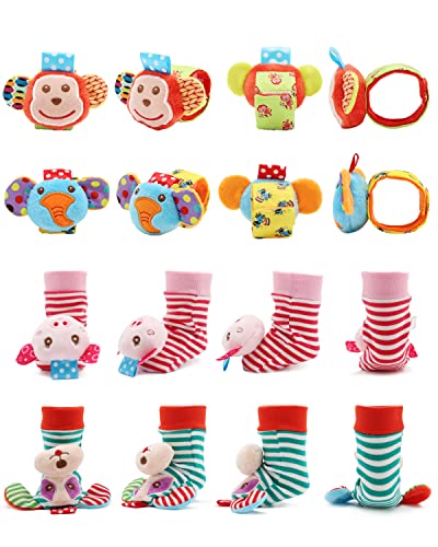 8 PCS Baby Rattle Toy Set, Wrist Rattles Foot Finder Rattle Sock, Arm Hand Bracelet Rattle, Feet Leg Ankle Socks,Present Gift for Newborn Infant Babies Boy Girl (8 pcs-A)