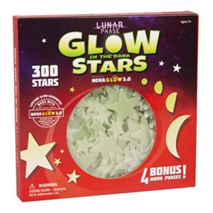 glow in the dark stars for ceiling; 300 count & 4 bonus moon phases; full 1-8 moons; lunar phase glowing stars includes stars and moon, glowing stars for ceiling, wall decals for kids room decoration