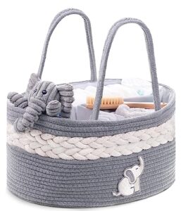 cradle star diaper caddy organizer – portable baby basket diaper storage organizer with compartments – baby diaper caddy for changing table nursery, elephant baby shower gifts - 100% cotton rope, gray