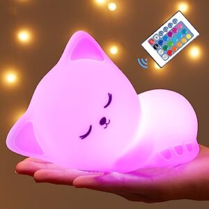 mubarek cat night light for kids, 16 colors dimmable kids night light, remote silicone night lights for kids room, 1800mah rechargeable cute lamp,timer baby night light for kids,cute gifts for girls