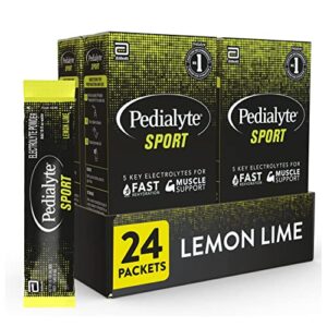 pedialyte sport electrolyte powder, fast hydration with 5 key electrolytes for muscle support before, during, & after exercise, lemon lime, 0.49-oz packets (24 count)