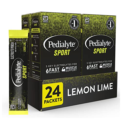 Pedialyte Sport Electrolyte Powder, Fast Hydration with 5 Key Electrolytes for Muscle Support Before, During, & After Exercise, Lemon Lime, 0.49-oz Packets (24 Count)