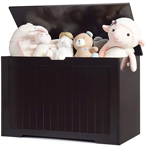 Costzon Wooden Toy Box, Toy Chest & Storage Organizer with Flip-Top Lid & Finger-Pinch Prevention, Corner Toy Cabinet with Handles, Large Toy Bench Storage for Kids Play Room, Daycare (Coffee)