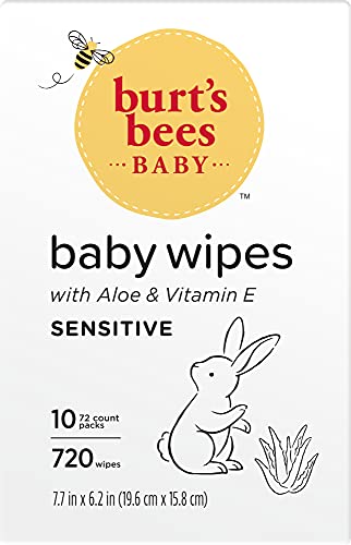 Burt's Bees Baby Wipes, Unscented Towelettes for Sensitive Skin, Hypoallergenic & Non-Irritating, All Natural with Soothing Aloe & Vitamin E, Fragrance Free, 72 count ( Pack of 10)