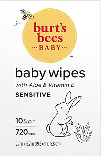 Burt's Bees Baby Wipes, Unscented Towelettes for Sensitive Skin, Hypoallergenic & Non-Irritating, All Natural with Soothing Aloe & Vitamin E, Fragrance Free, 72 count ( Pack of 10)