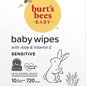 Burt's Bees Baby Wipes, Unscented Towelettes for Sensitive Skin, Hypoallergenic & Non-Irritating, All Natural with Soothing Aloe & Vitamin E, Fragrance Free, 72 count ( Pack of 10)