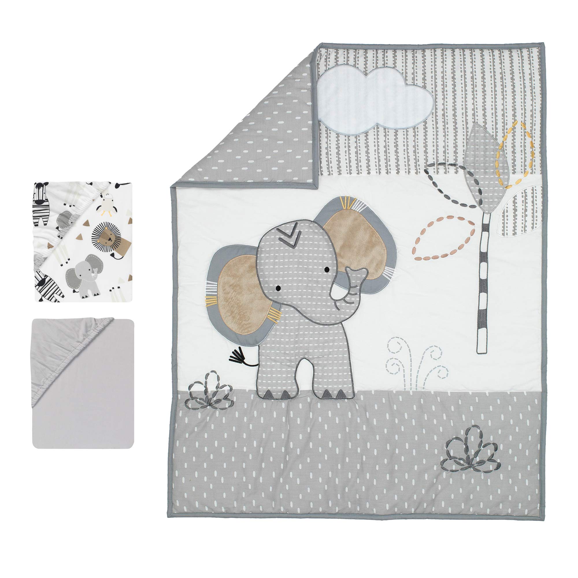 Lambs & Ivy Jungle Safari Elephant 3-Piece Mini Crib Bedding Set - Gray/White