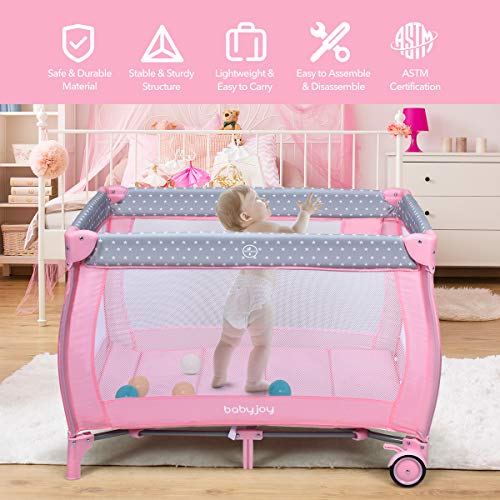 BABY JOY 3 in 1 Portable Pack and Play with Bassinet, Convertible Baby Travel Crib Playard with Changing Table, Brake Wheel, Newborn Napper with Large Capacity Storage Shelf, Oxford Carry Bag