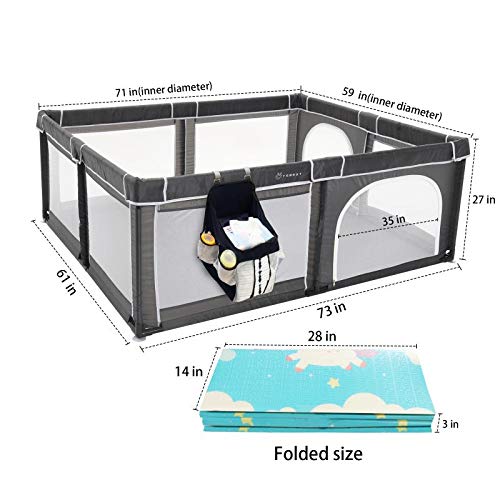 YOBEST Baby Playpen, Playard Kit Includes Play Mat x 1, Ocean Ball x 50, Hanging Diaper Caddy x 1, Indoor Outdoor Kids Activity Center, Infants Fences with Gat (Dark Gray)