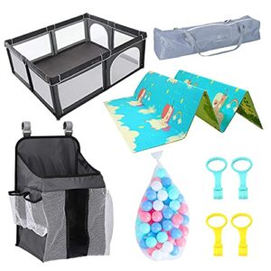 YOBEST Baby Playpen, Playard Kit Includes Play Mat x 1, Ocean Ball x 50, Hanging Diaper Caddy x 1, Indoor Outdoor Kids Activity Center, Infants Fences with Gat (Dark Gray)