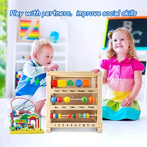 Gemileo Wooden Activity Cube Center Toys with Bead Maze Clocks Shape Sorter Abacus 6 in 1 Learning Educational Toys Birthday Gifts for Toddlers Kid12 Month 1st Girls Boys