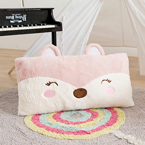 Stuffed Animal Lumbar Pillow, Super Soft Plush Cuddle Throw Pillow for Kids, Cute Fox Shaped Pillow, 12 x 24 Inches, Pink, Ivory