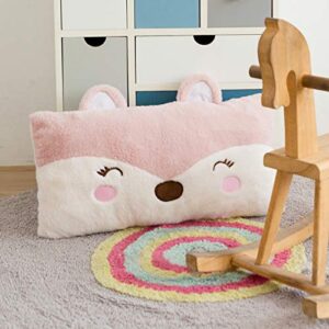 Stuffed Animal Lumbar Pillow, Super Soft Plush Cuddle Throw Pillow for Kids, Cute Fox Shaped Pillow, 12 x 24 Inches, Pink, Ivory