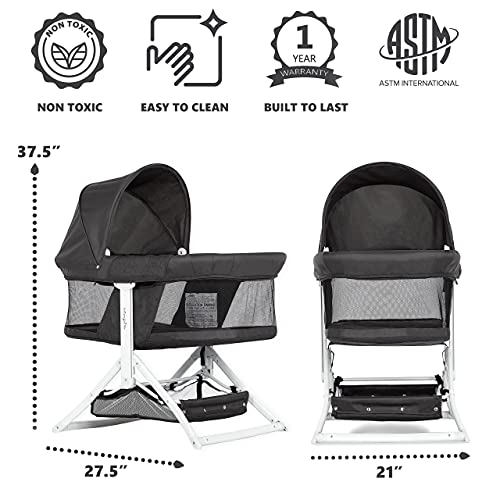 Dream On Me 2-in-1 Convertible Insta Fold Bassinet and Cradle in Black, Lightweight, Portable and Easy to Fold Baby Bassinet, Adjustable Canopy, Breathable Mesh Sides, JPMA Certified