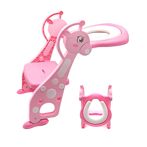 HTTMT- Giraffe Potty Training Toilet Ladder Seat With Upgraded Cushion Step Stool Ladder Toilet Chair/Toilet Trainer for Baby Toddler Kids Children In Pink [P/N: ET-BABY001-PINK STEP]