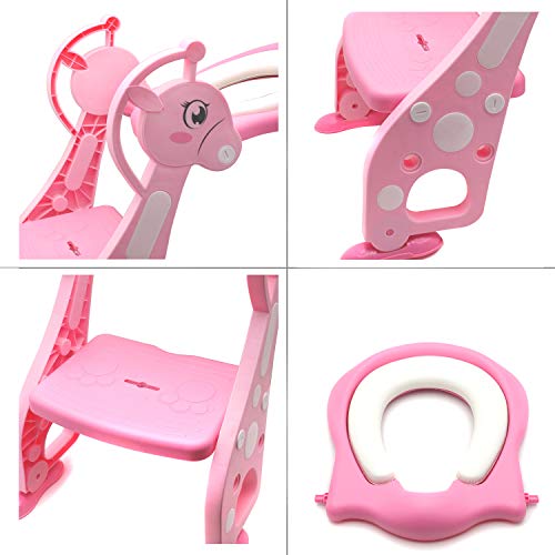 HTTMT- Giraffe Potty Training Toilet Ladder Seat With Upgraded Cushion Step Stool Ladder Toilet Chair/Toilet Trainer for Baby Toddler Kids Children In Pink [P/N: ET-BABY001-PINK STEP]